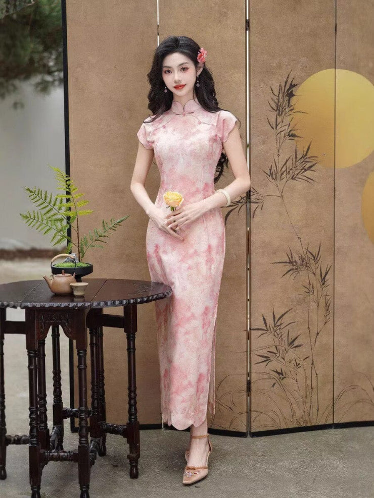 Cotton long Cheongsam, pink long Cheongsam, floral long Cheongsam ...