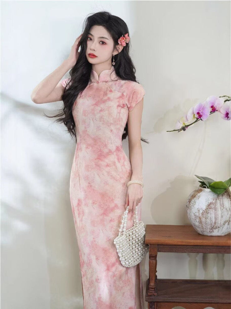 Cotton long Cheongsam, pink long Cheongsam, floral long Cheongsam ...