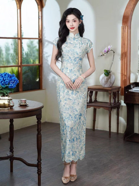 Cotton long Cheongsam, pink long Cheongsam, floral long Cheongsam ...