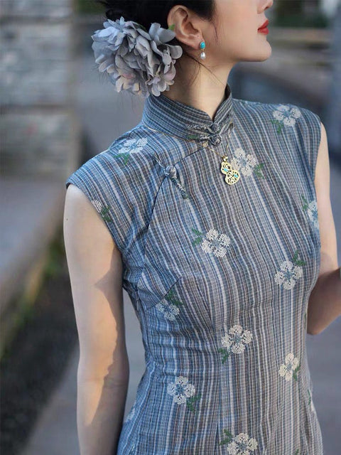 Cotton&linen Cheongsam, floral blue Cheongsam, floral long Cheongsam ...