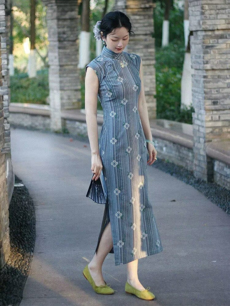 Cotton&linen Cheongsam, floral blue Cheongsam, floral long Cheongsam ...