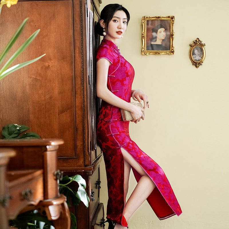 Summer long Qipao, fuchsia Qipao, long Cheongsam, Natural Silk Qipao ...