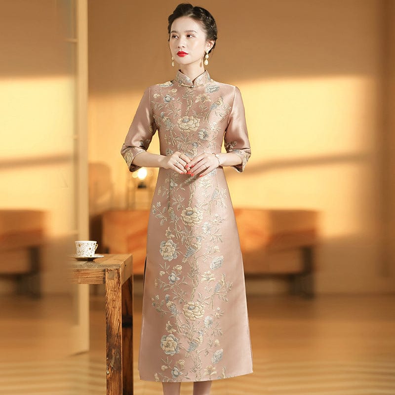 A line Cheongsam, Jacquard Chinese Cheongsam, A line Jacquard Qipao ...