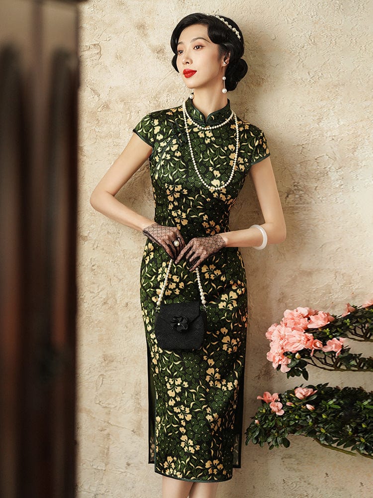 Mulberry silk Cheongsam, midi Cheongsam , green Qipao, leaf midi Qipao ...