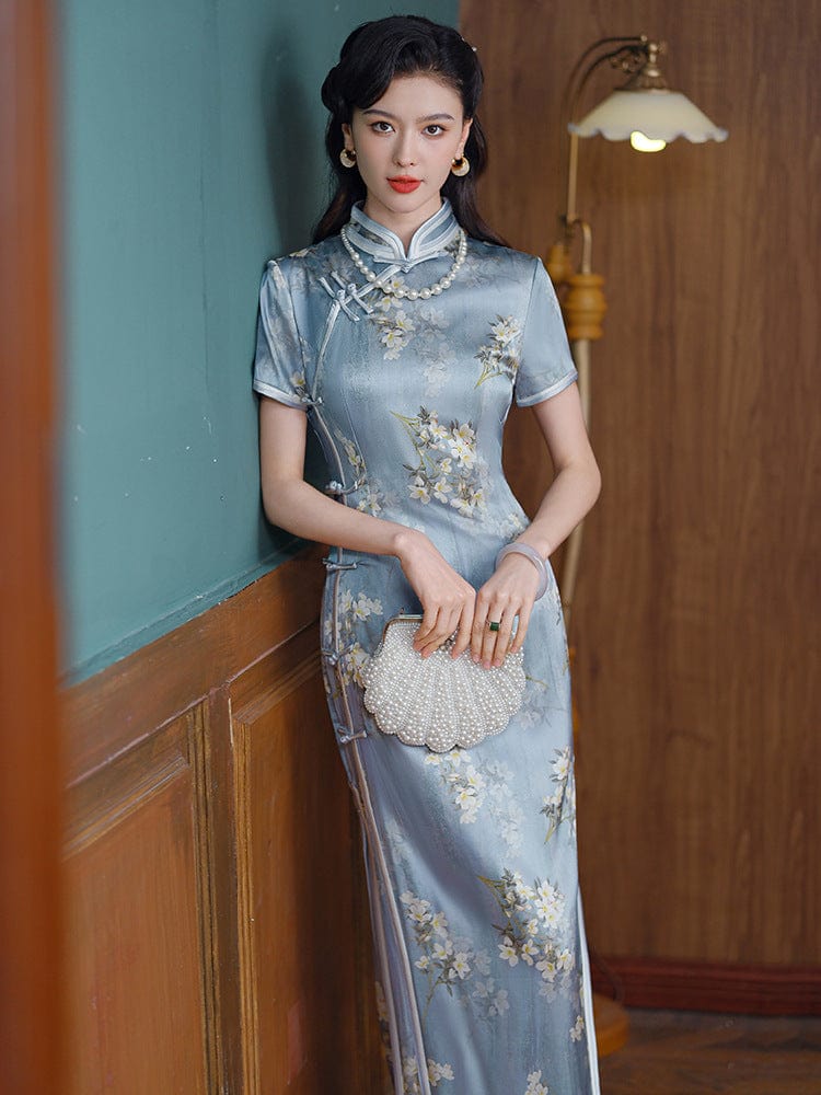 Blue silk Cheongsam, silk Qipao, blue long Qipao, mulberry Cheongsam ...