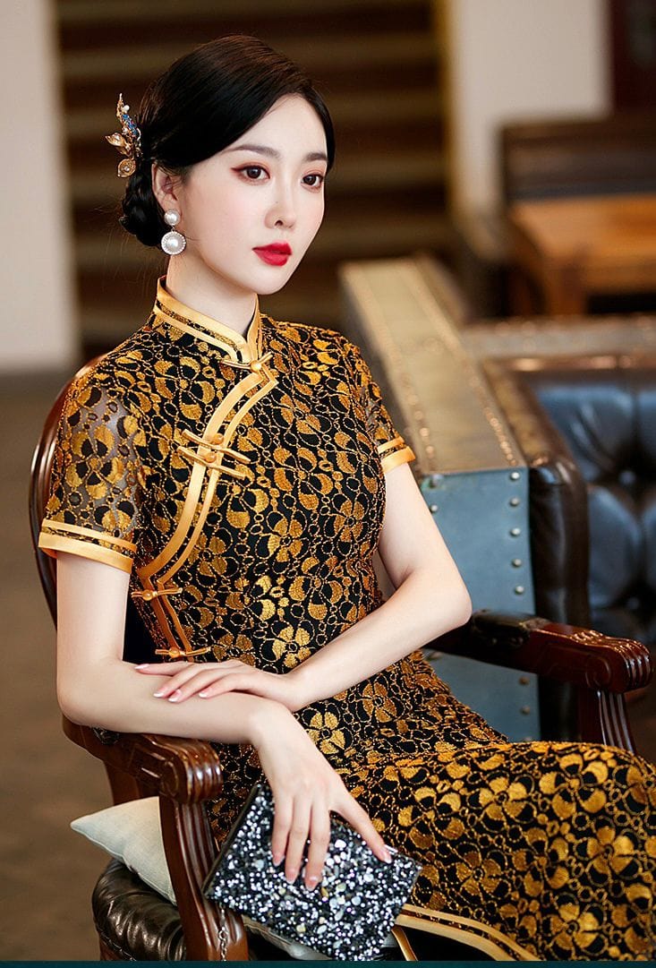Yellow Qipao, mandarin collar Cheongsam, long Qipao, event Cheongsam ...