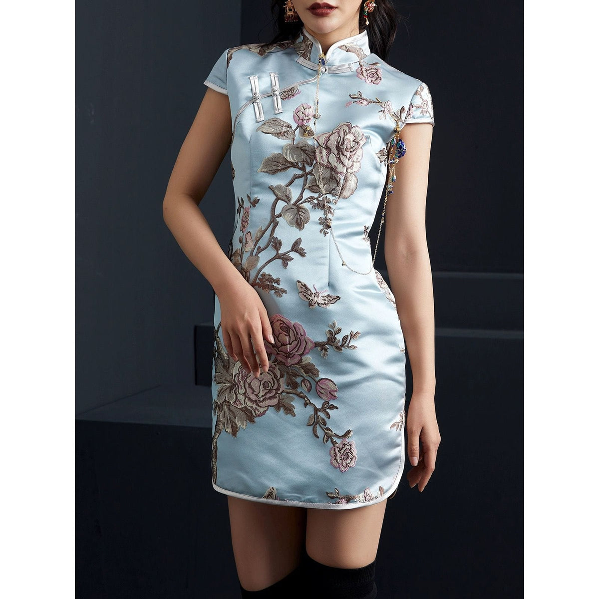 Modern mini Qipao, modern brocade Cheongsam, modern short blue Qipao ...