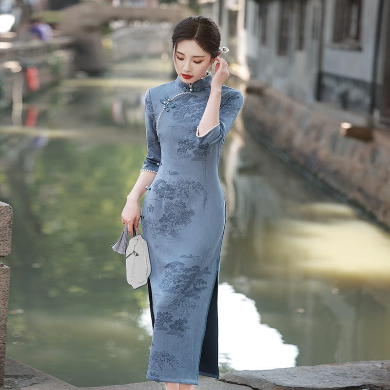 Grey long Qipao, long Cheongsam, suede Qipao, daily long Cheongsam ...