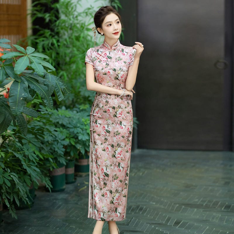 Mulberry silk Cheongsam, silk long Cheongsam, pink silk Cheongsam ...